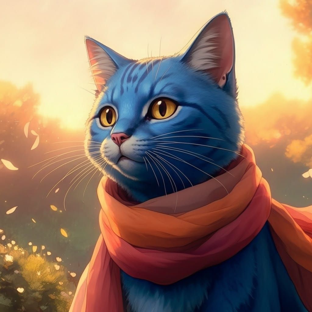 Whimsical Blue Cat in Sunset Glow - AI Art