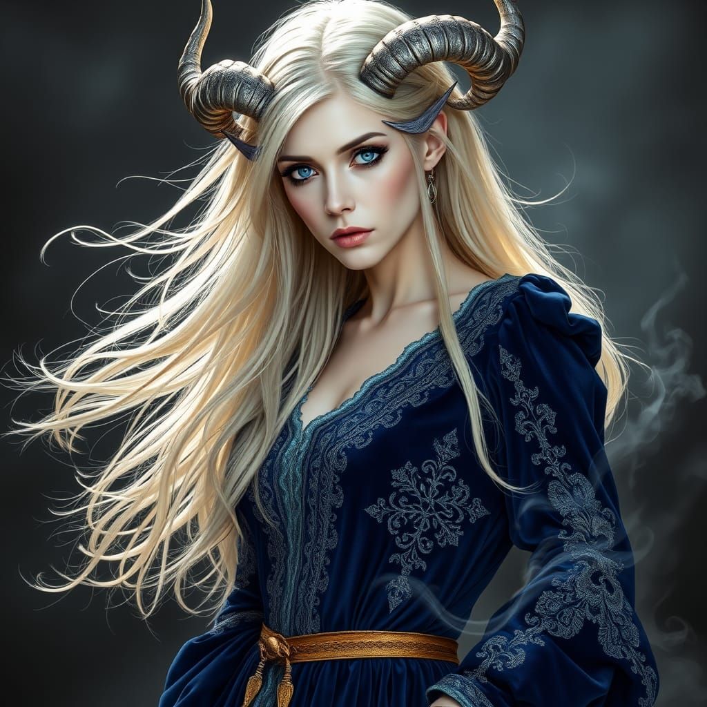 A tall, elegant demon woman with alabaster skin that glows faintly like ...