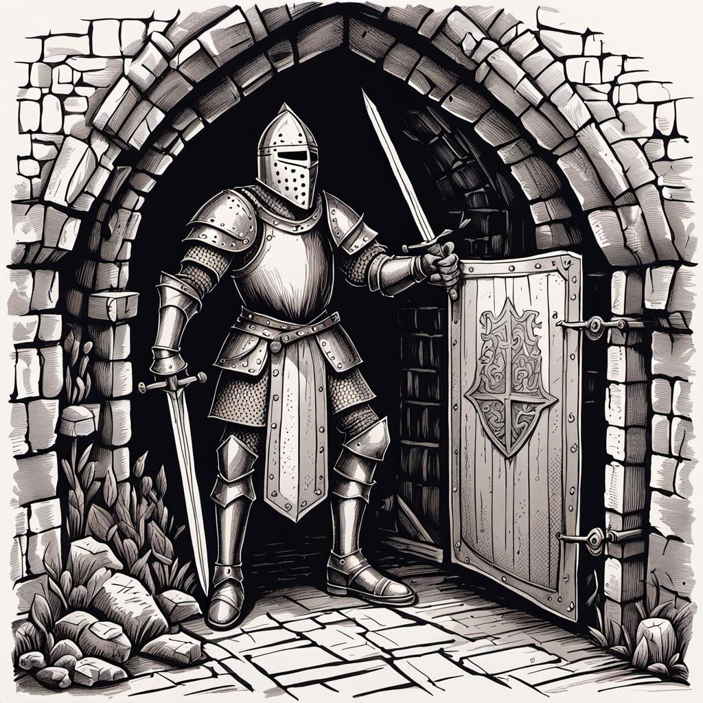 Hand-drawn ink pen raw illustration of a knight locked in a Medieval ...