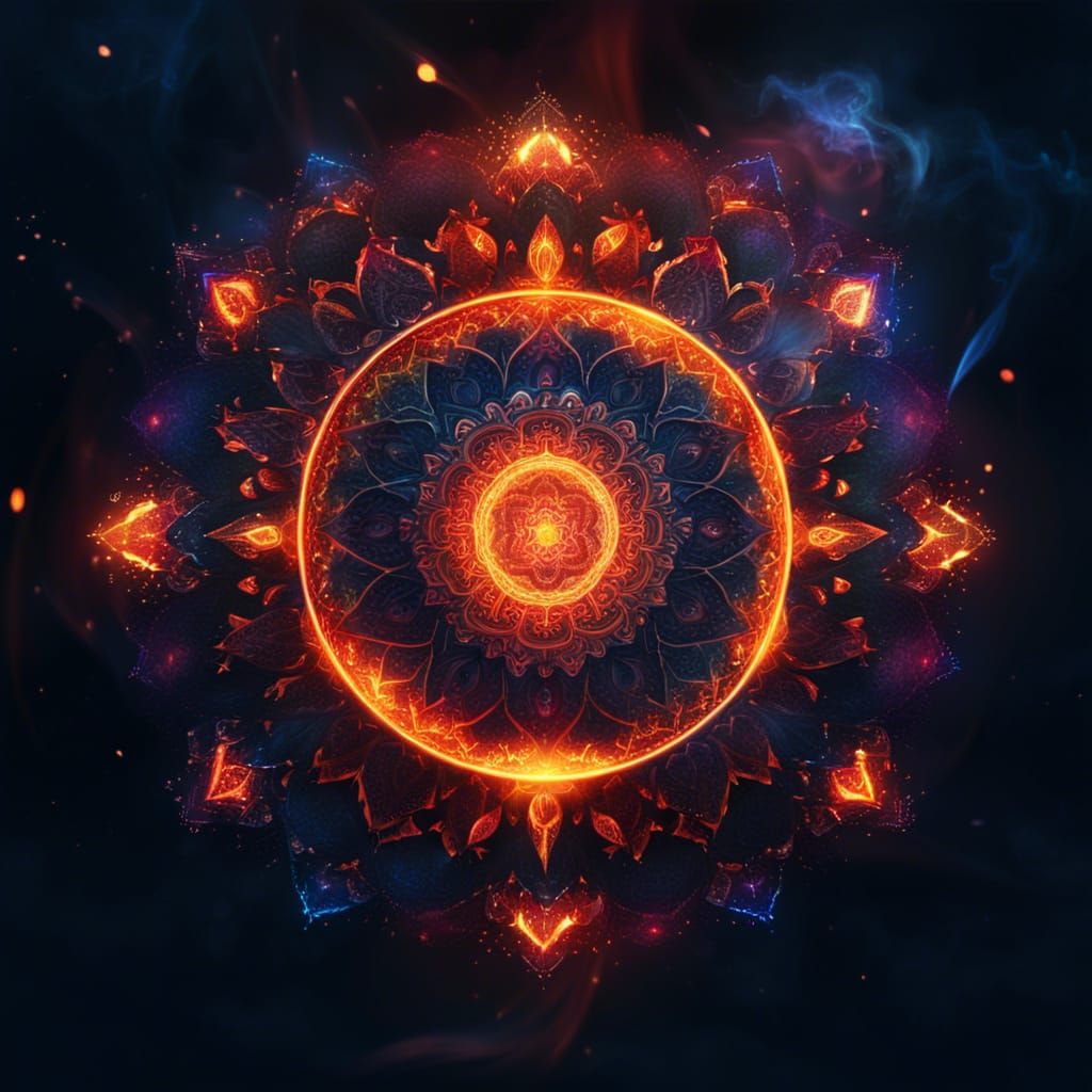 Beautiful fire mandala in the night. Magical sparks and glitter ...