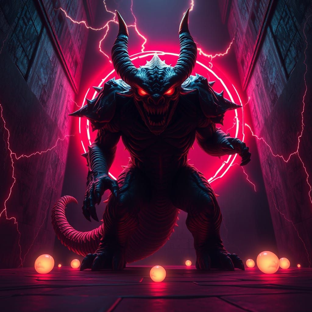 Majestic Demon Stands Taller in Vibrant Ruby Porta... - AI Art