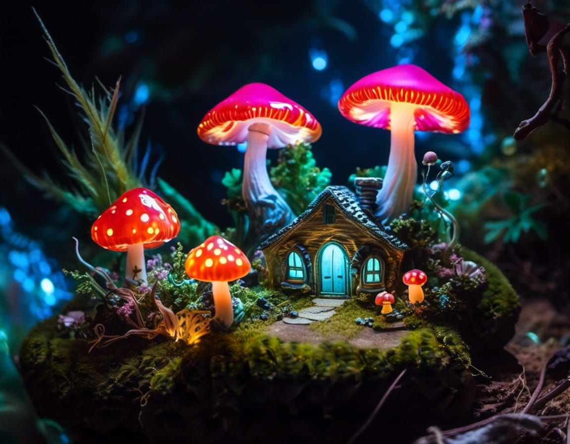 Bioluminescence whimsical fairy toadstool village - AI Generated ...