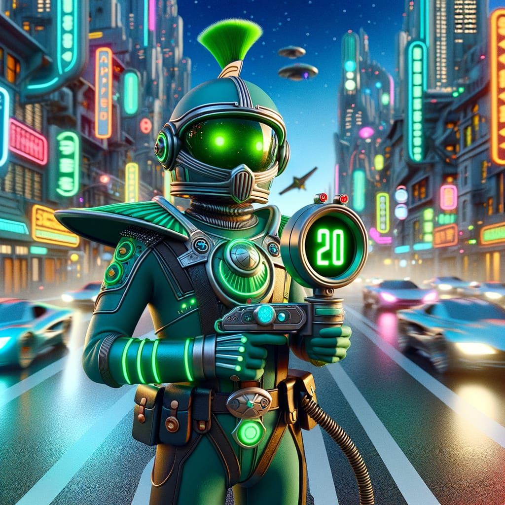 Looney Tunes Marvin the Martian in a futuristic scene as a police man ...