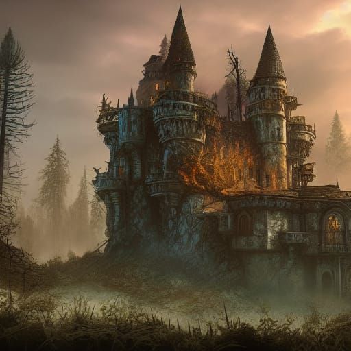 post apocalyptic castle in the middle of the forest - AI Generated ...