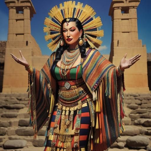 Yma Sumac wears traditional Inca clothes, jewelry and is standing in ...