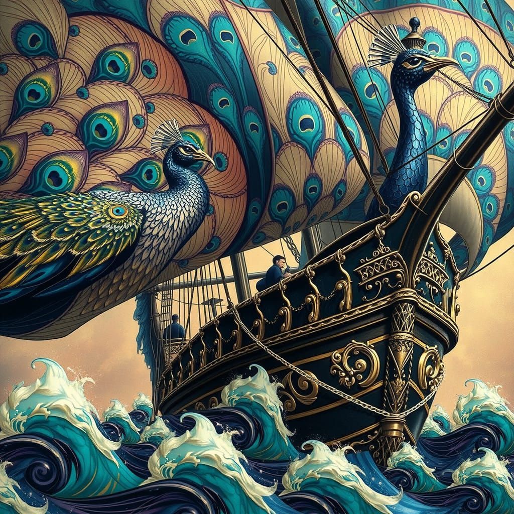 An peacock sailing ship with a metallic peacock shaped figure head prow ...