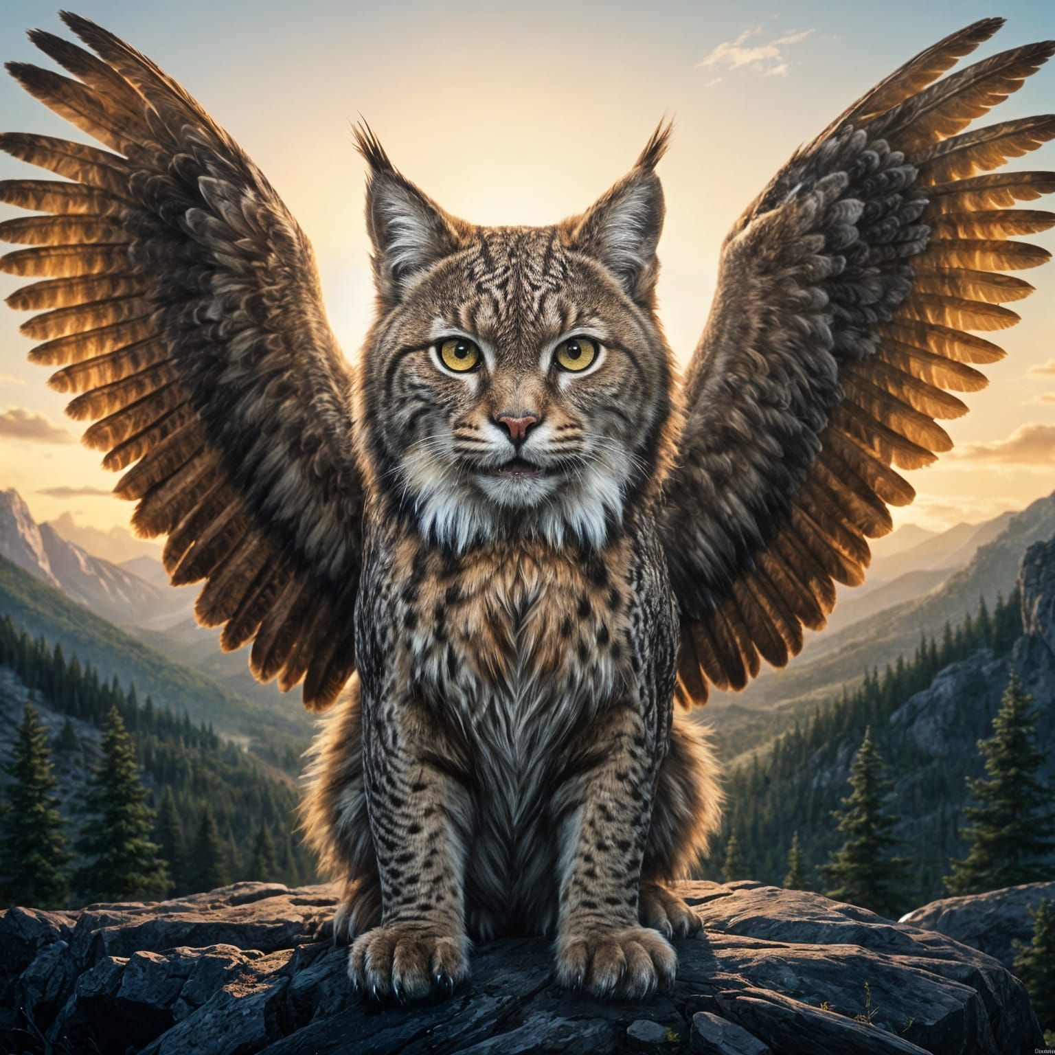 owlynx - Majestic Winged Feline Soars in Sunset Canadian Lan...