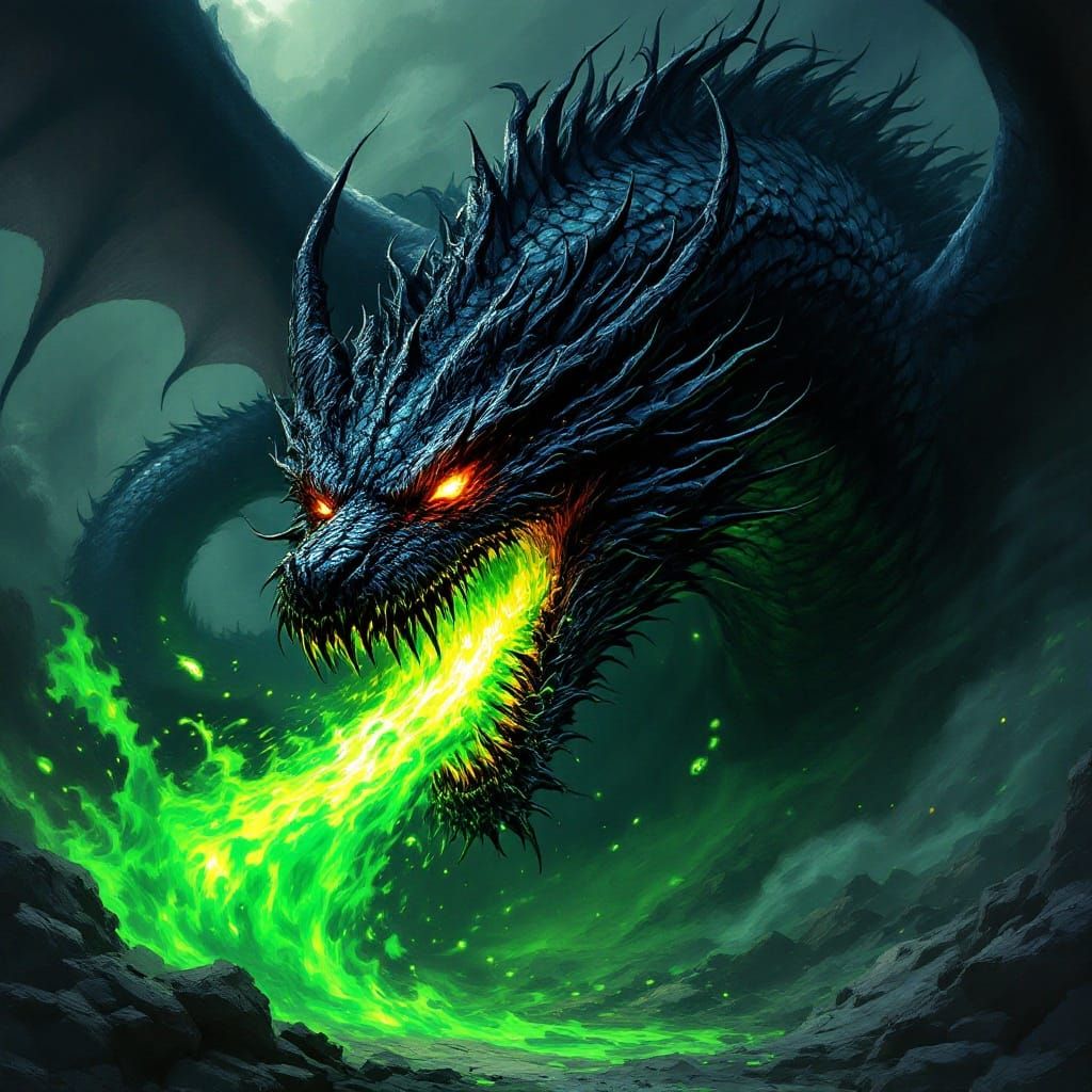 Large furious black dragon breathing a stream of acid.