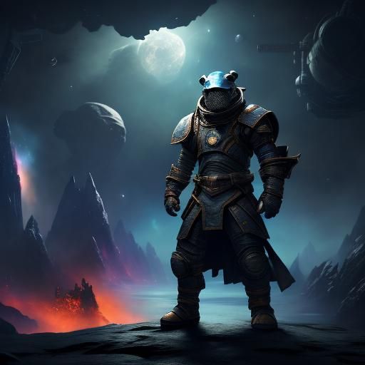 A dragonborn astronaut in space above the earth and a space station ...