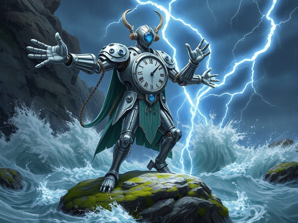 Silver Clockwork Automaton Harnesses Lightning in ... - AI Art