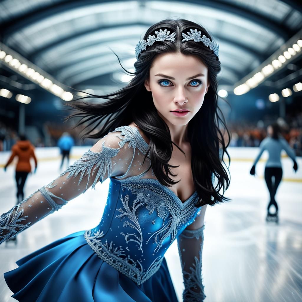Beautiful woman, dark hair, blue eyes, ice skating - AI Generated ...