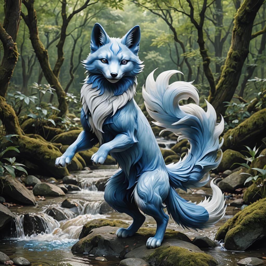 Blue Kitsune Dancing by the Creek - AI Generated Artwork - NightCafe ...