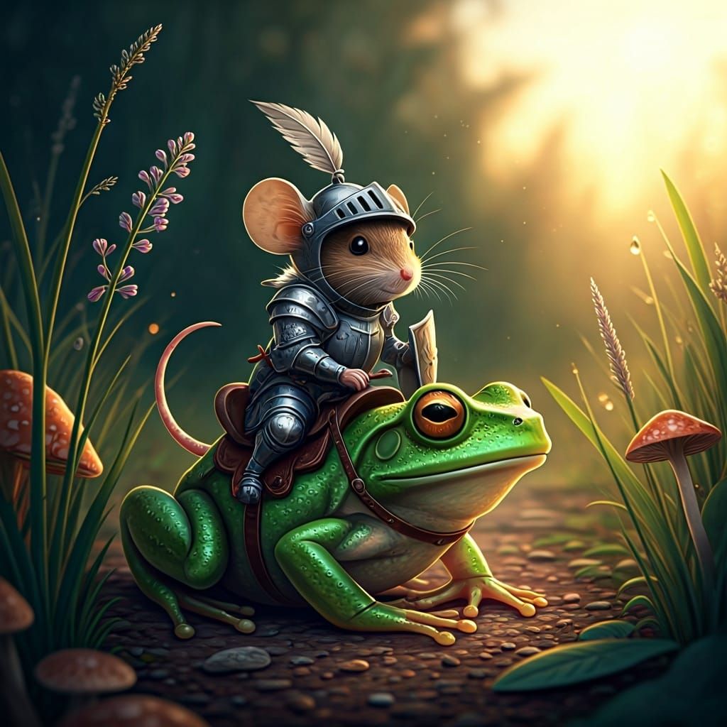 Mouse Knight Rides Frog Through Dewy Meadow - AI Art