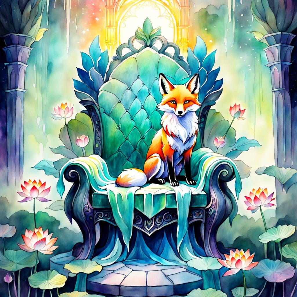 Lotus-Fox on Throne: Surreal Watercolor Fantasy Ar... - AI Art