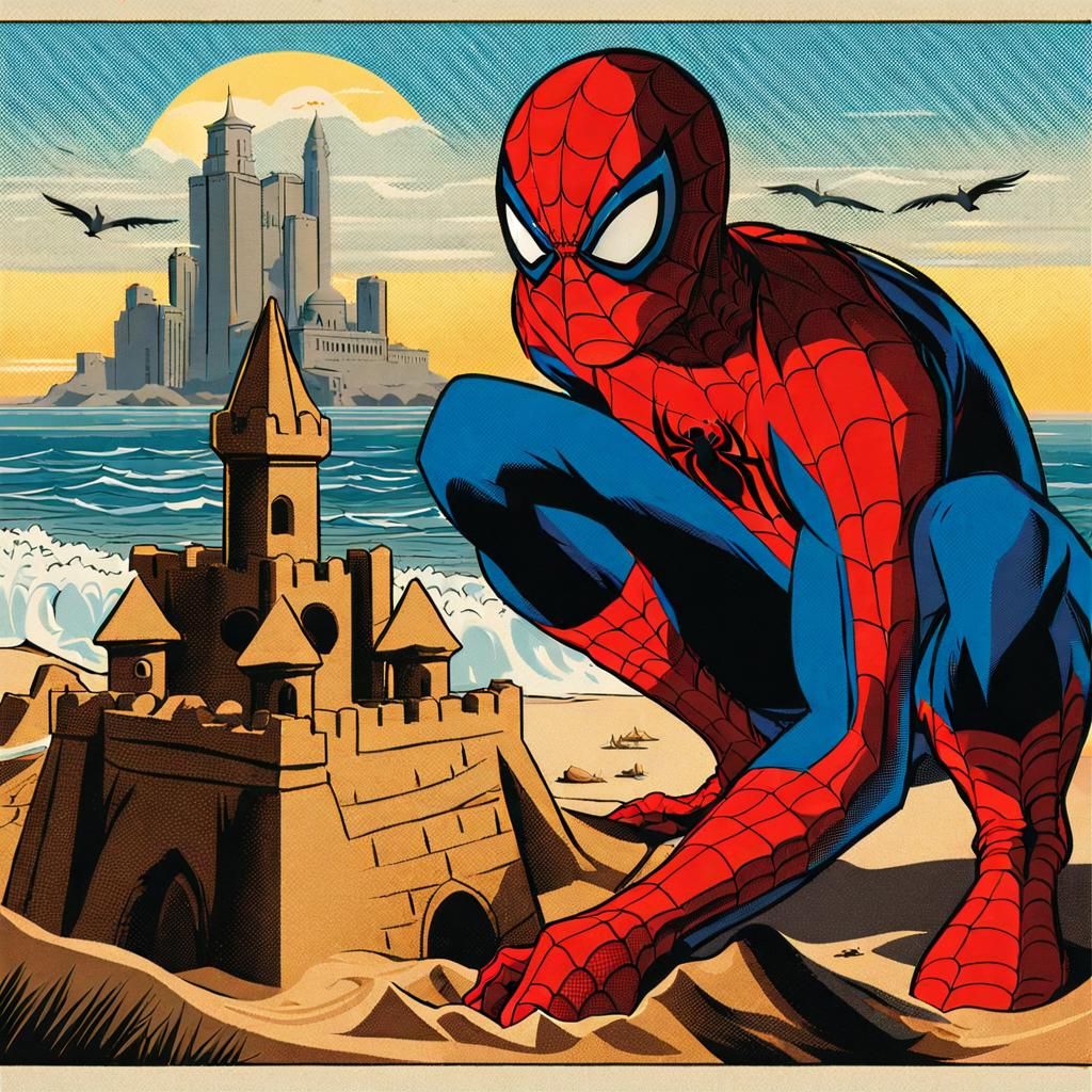 Spiderman crouching on a sandy beach. - AI Generated Artwork ...