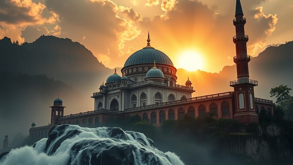 Surreal Sunset Mosque Amidst Majestic Waterfall in... - AI Art