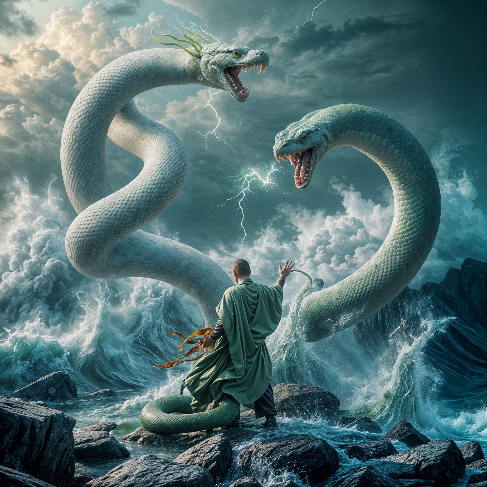 the legendary white snake & green snake battling the monk
