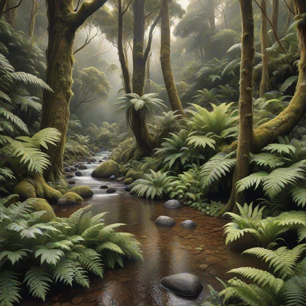 abstract new zealand bush::(Punga, ferns. stream, Rimu trees, Kauri ...