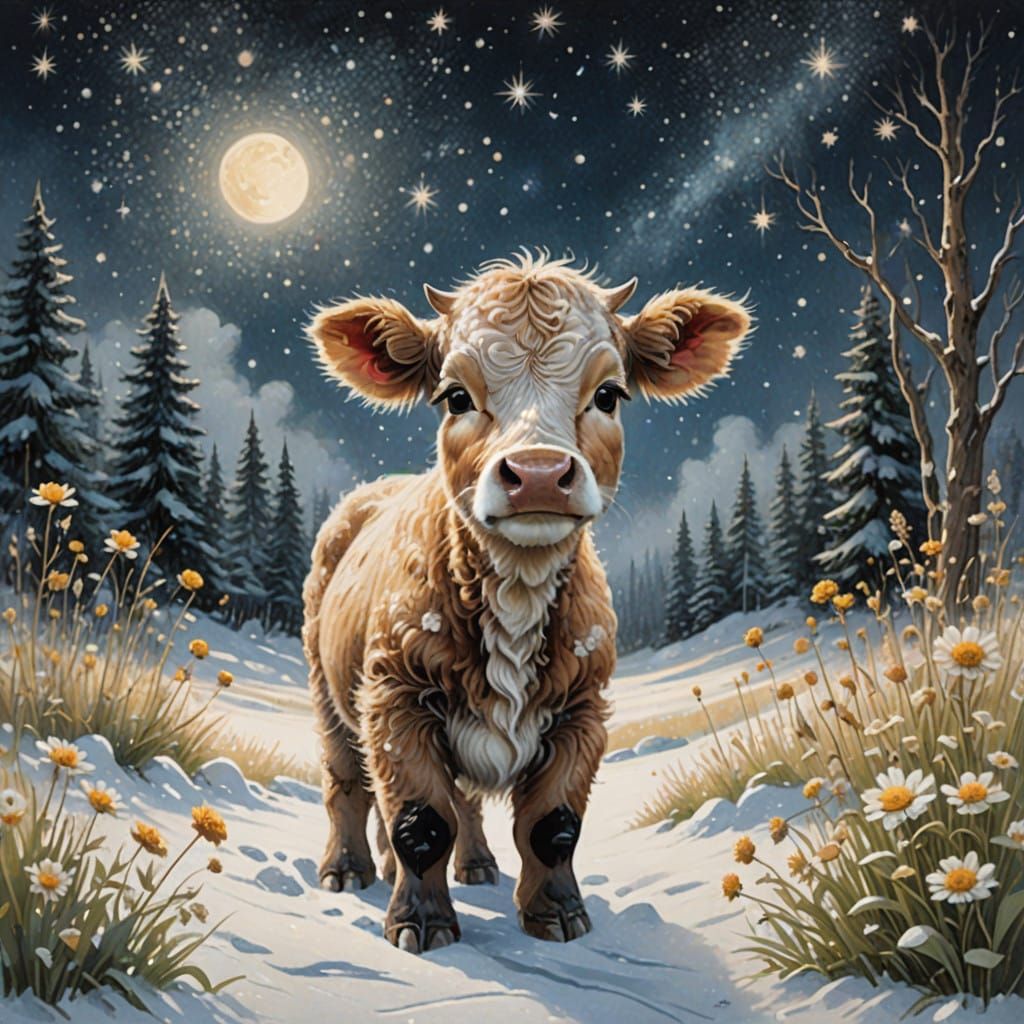 A chubby little baby cow cub with soft, downy fur and intricate ...