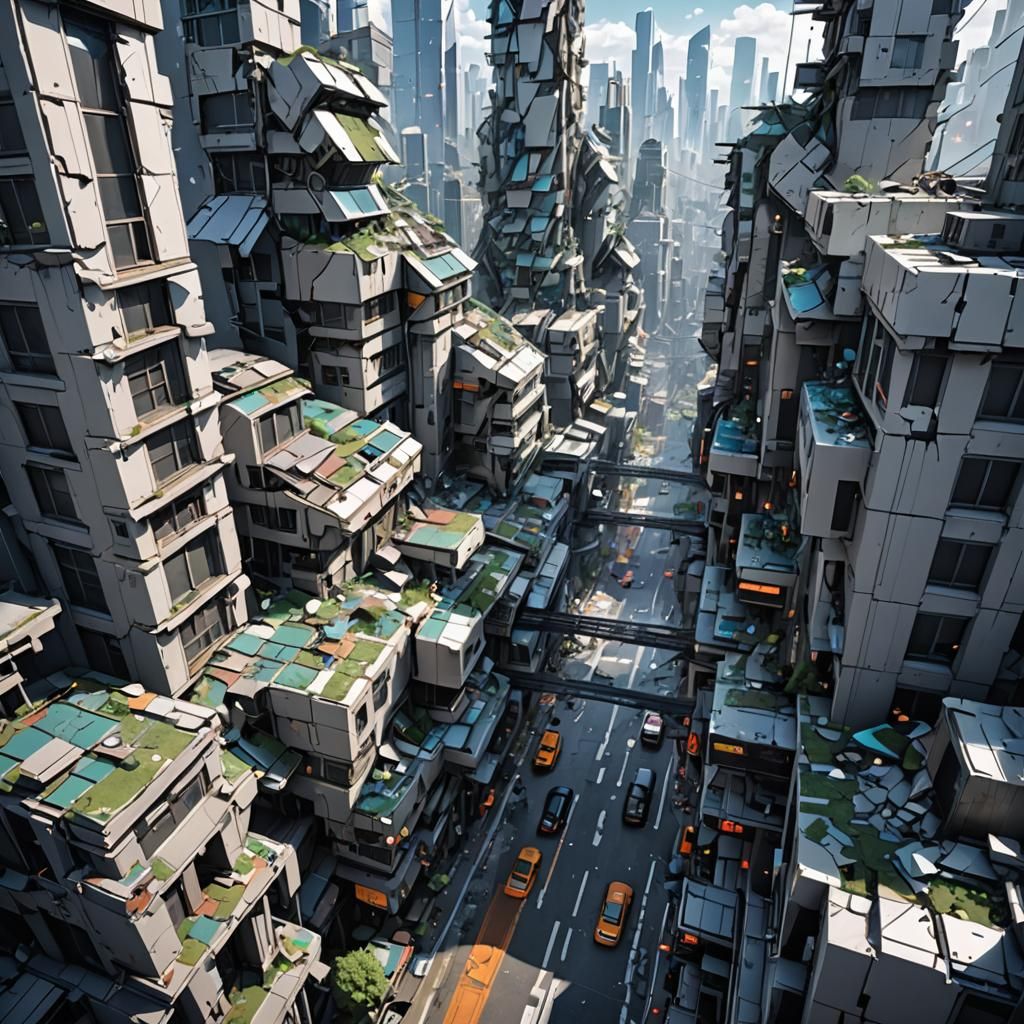 A futuristic city made from the broken and collapsed shards of a ...