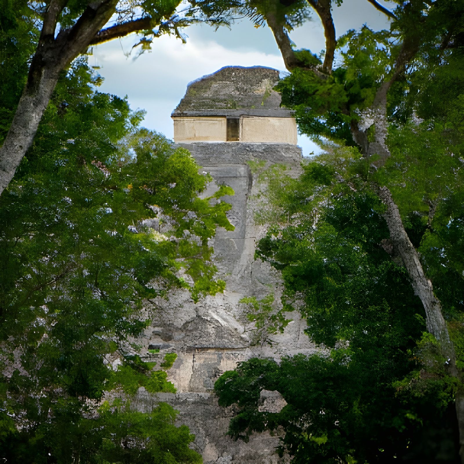 Mayan pyramid visible through the foliage of an ancient rainforest - AI ...