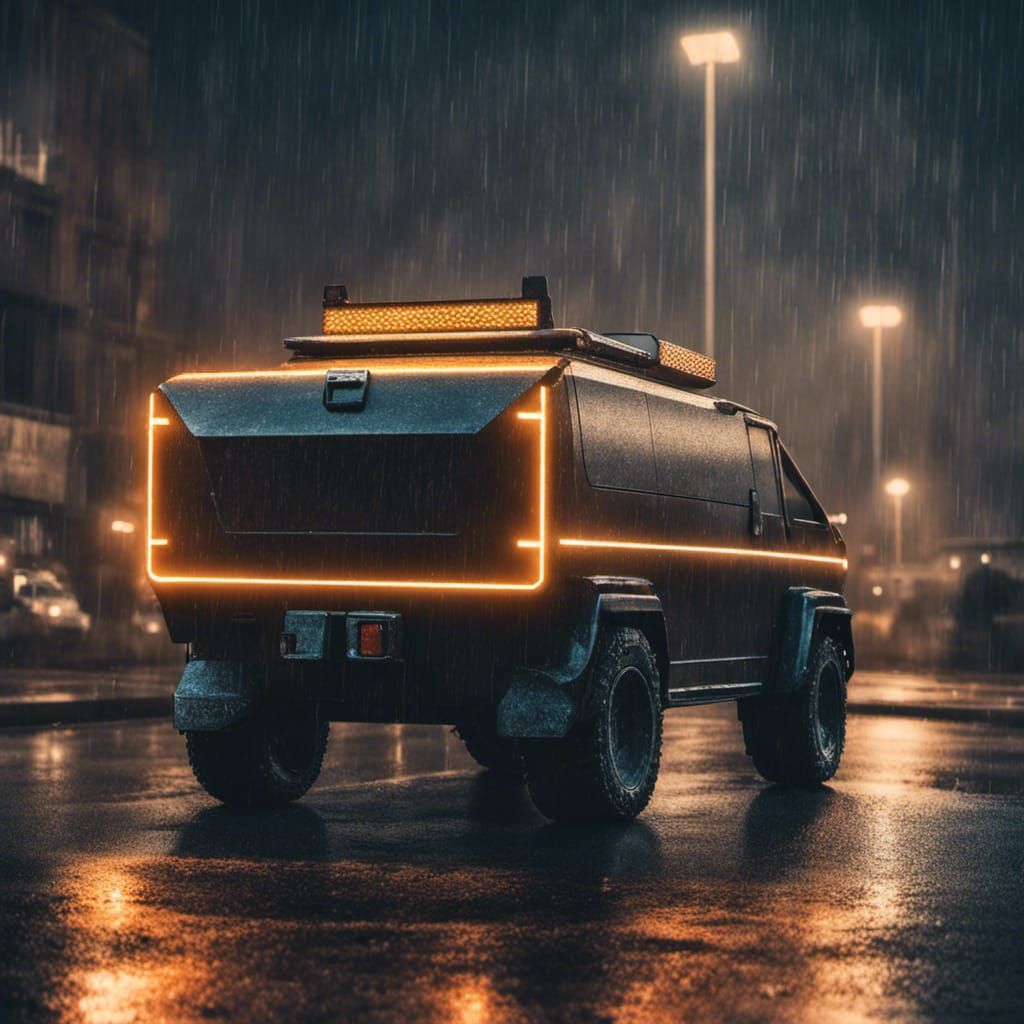 cybertruck standing in light rain in night when parking light is on ...
