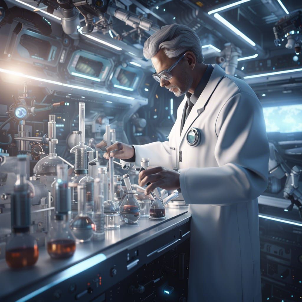 an intelligent science professor in a white lab coat mixing up potions ...