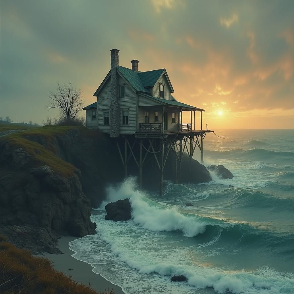 Weathered Wooden House Afloat in Turbulent Ocean W... - AI Art