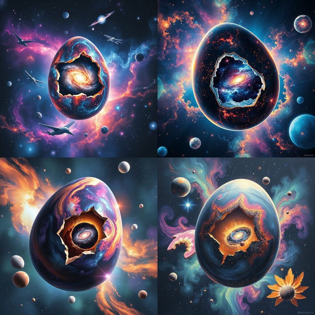 : Imagine a giant Easter egg floating in space, its surface covered in swirling nebulae and ...