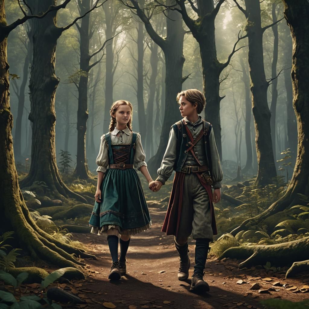 Hansel and Gretel in the forest - The siblings holding hands, surrounded by trees. - AI ...