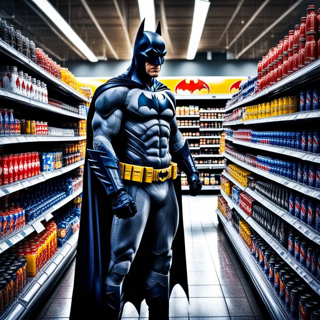 batman buying redbull energy drink in a supermarket - AI Generated ...