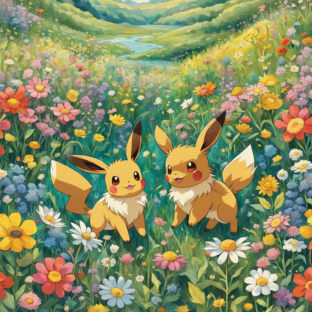 Eevee and Pikachu in Whimsical Floral Wonderland - AI Art