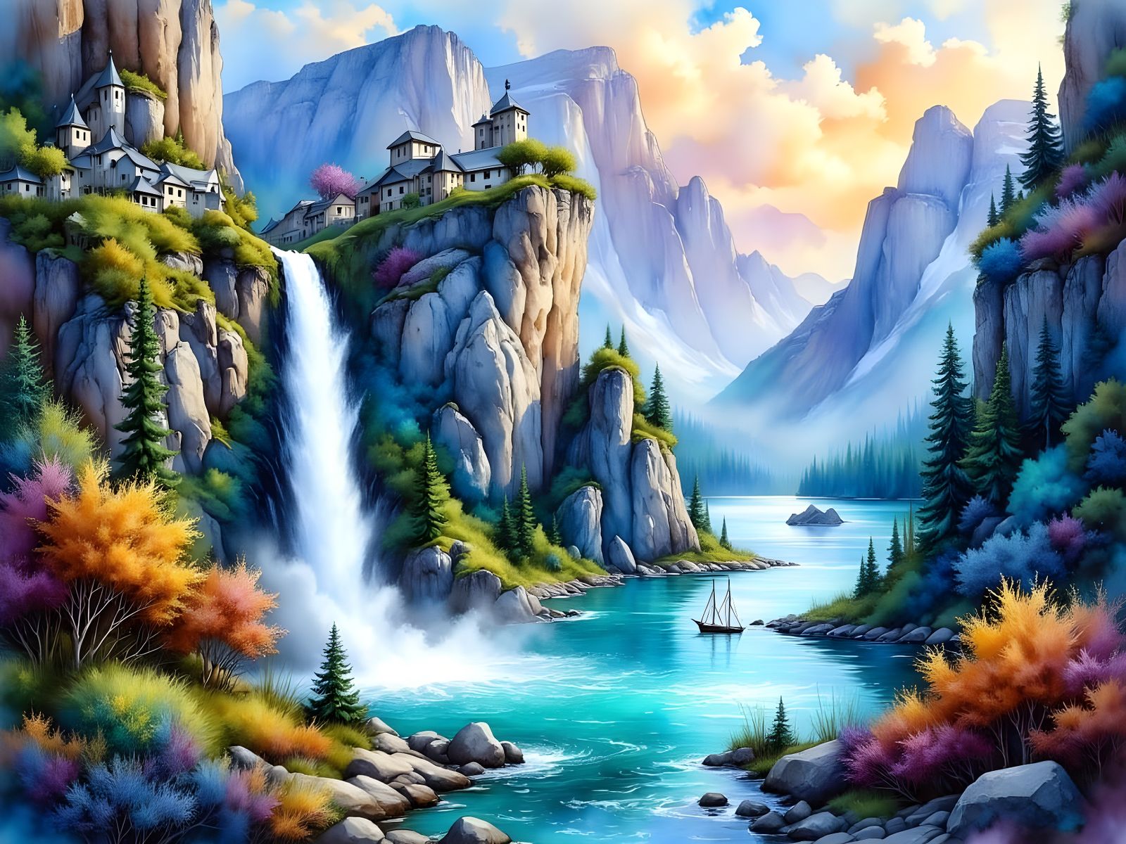 Epic Waterfalls Cascading Down Granite Mountains - AI Art