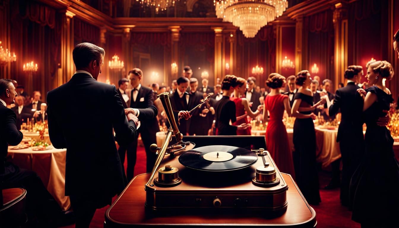A vintage phonograph, playing music in a modern evening party, people ...