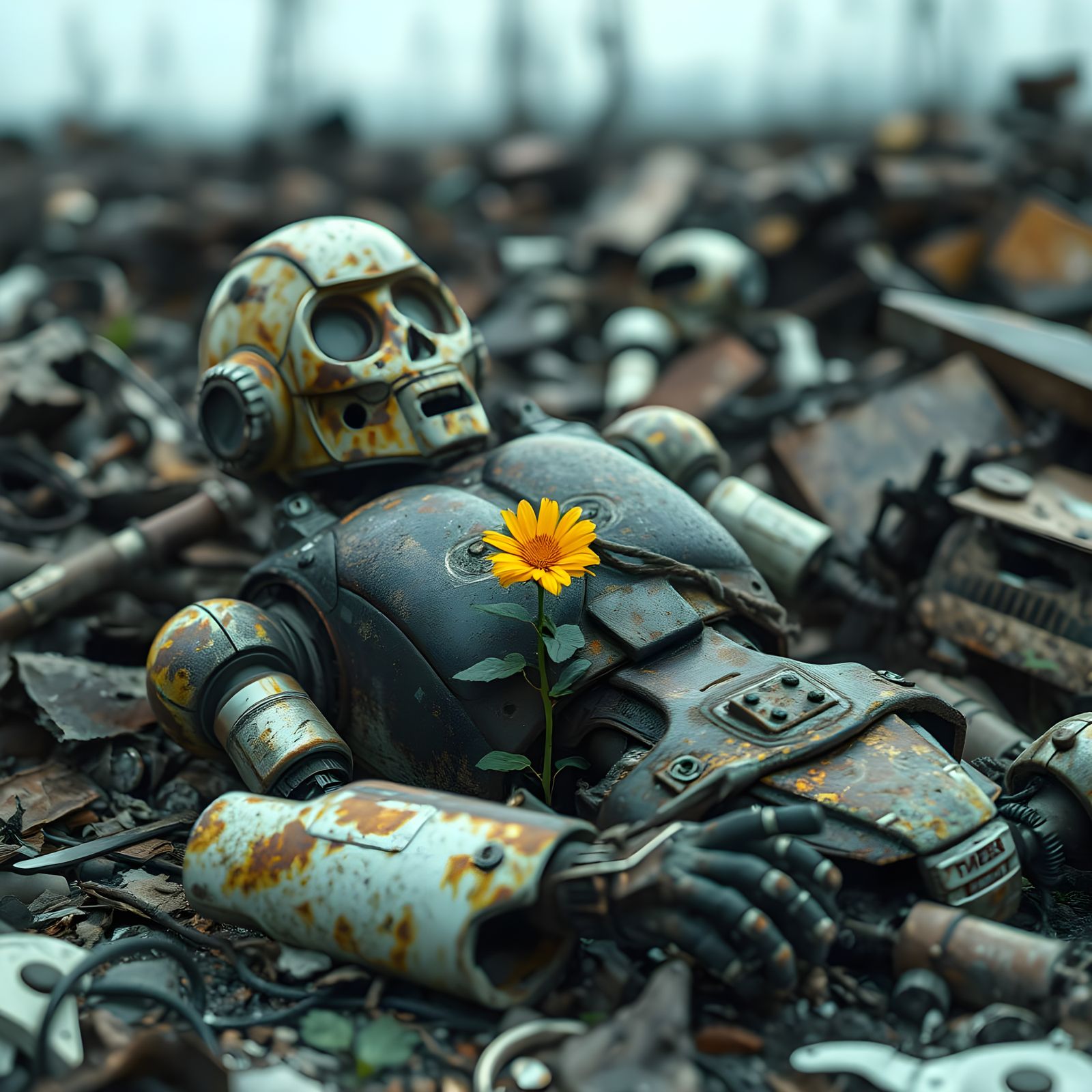 An old, forgotten robot rusting in a junkyard