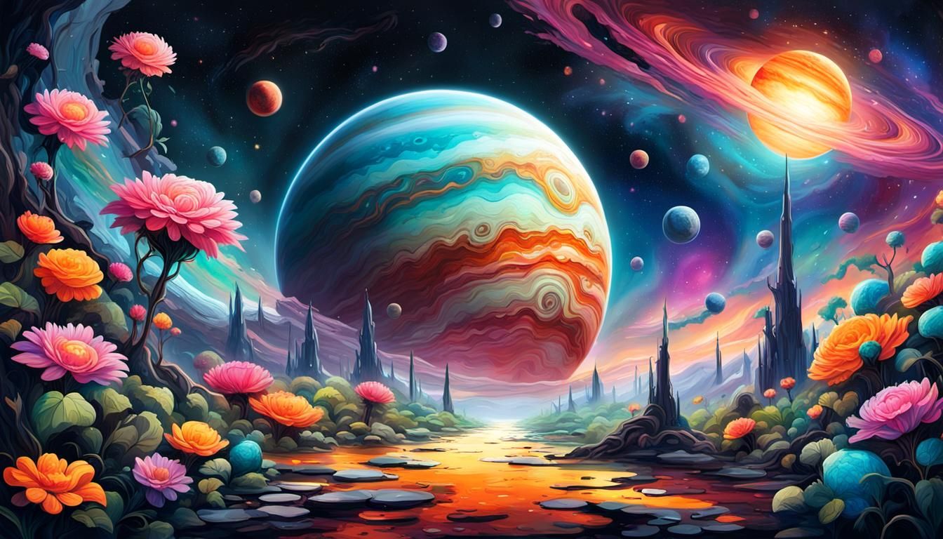 A fantastic space scene, showing a colourful gas giant, with vines and ...