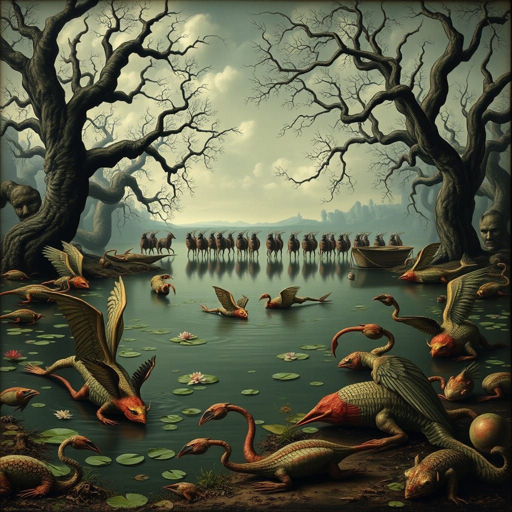 Twisted Creatures Gather Around a Mysterious Lake ... - AI Art