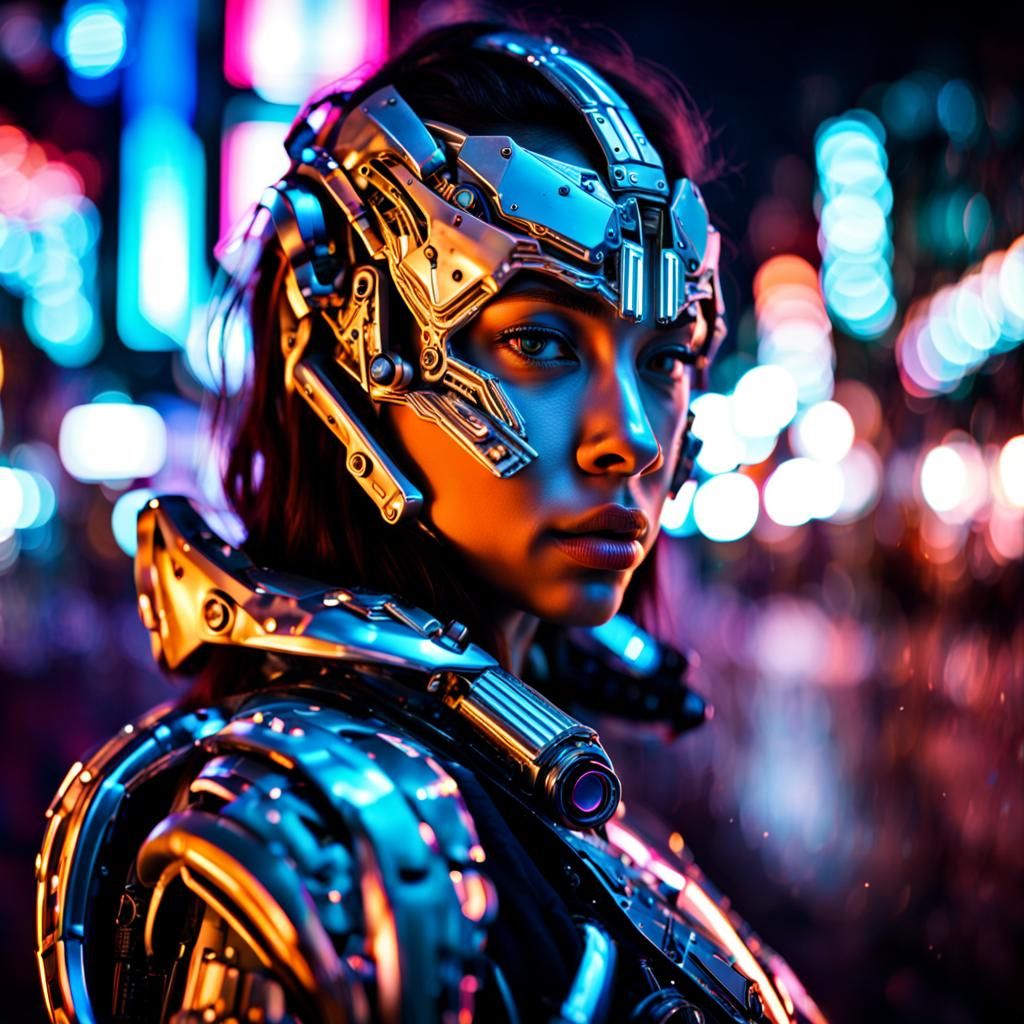 Cyborg Girl in Neon City Nighttime Futurism - AI Art