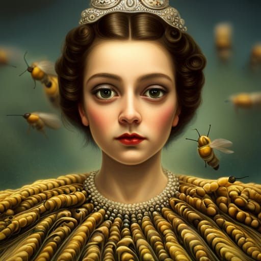 closeup of a queen bee, surrounded by 100's of bees, masterfully ...