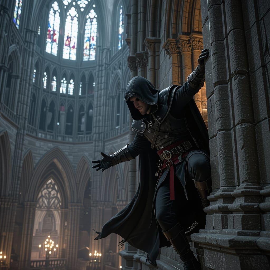 Rogue - Rogue Scaling Gothic Cathedral Wall in Cinematic Sty...