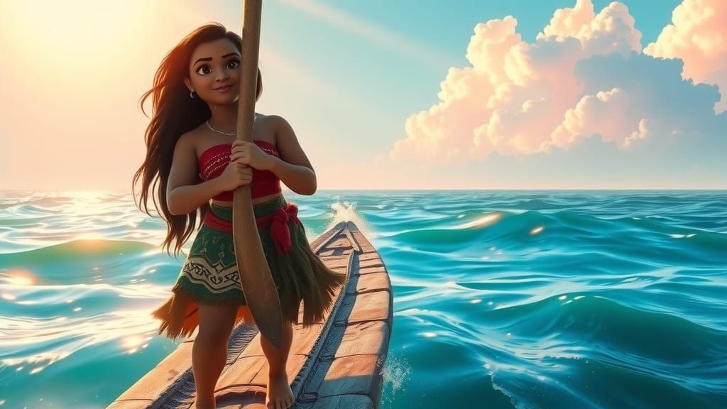 Moana, on a raft in the ocean - Determined Polynesian Prince...