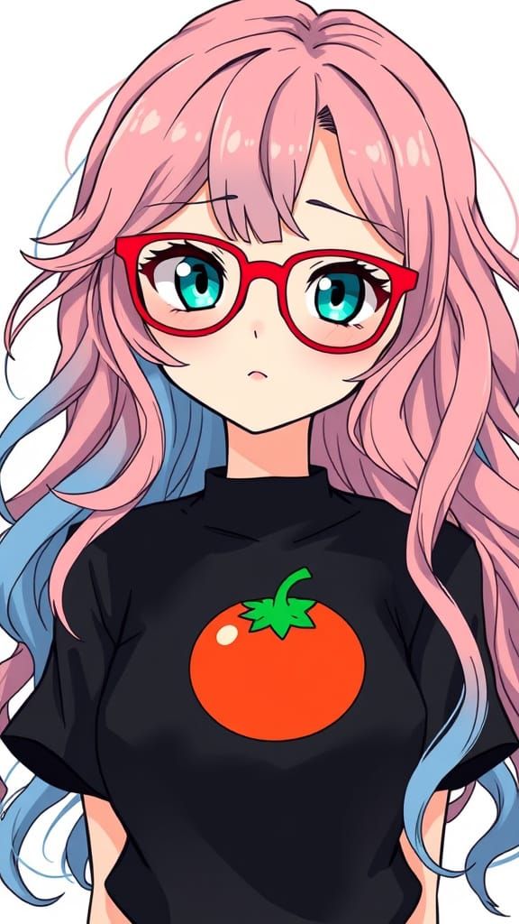 cartoon manga manic pixie dream girl, wavy long dusty-rose and blue ...