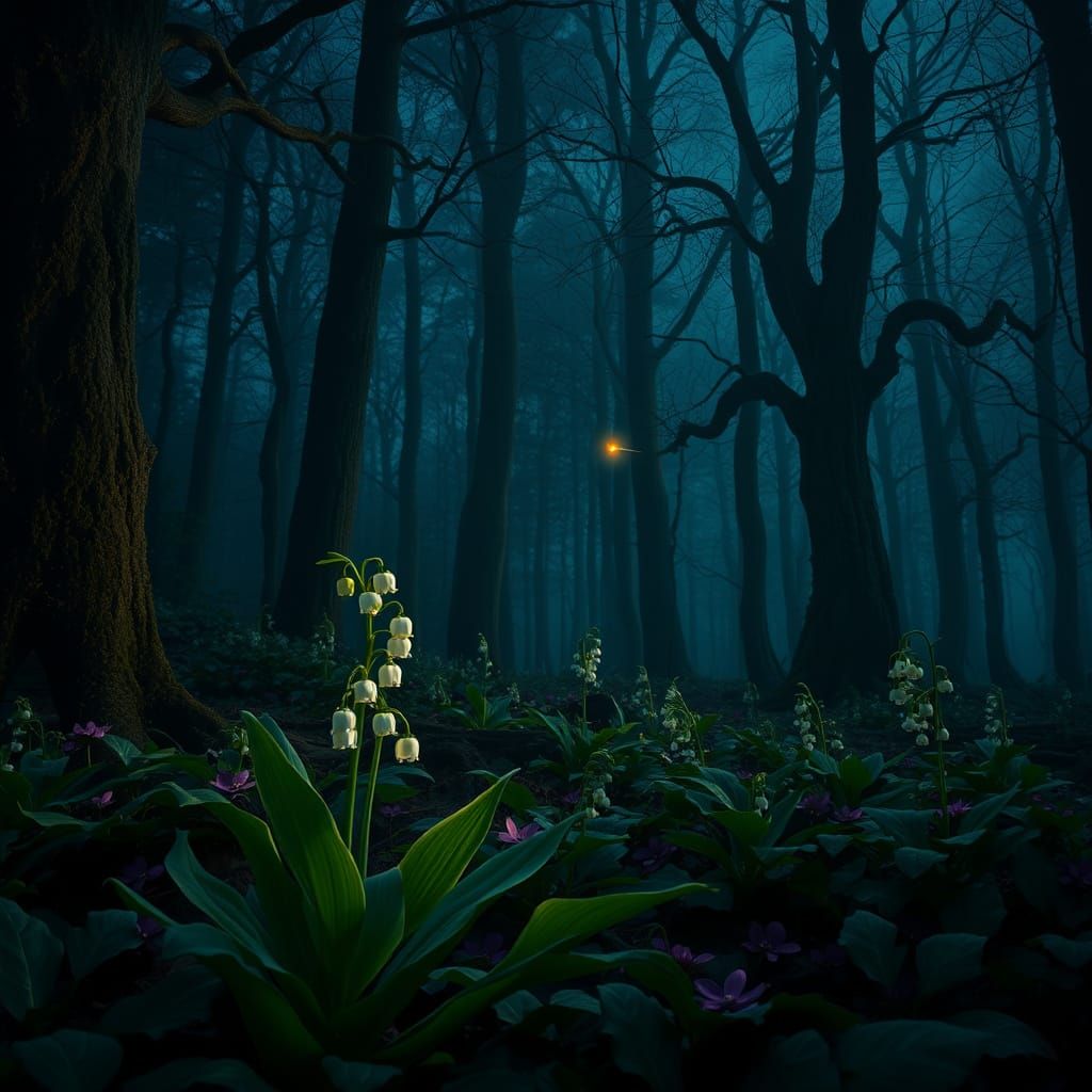 Lilly of the Valley Illuminated by Firefly in a Da... - AI Art