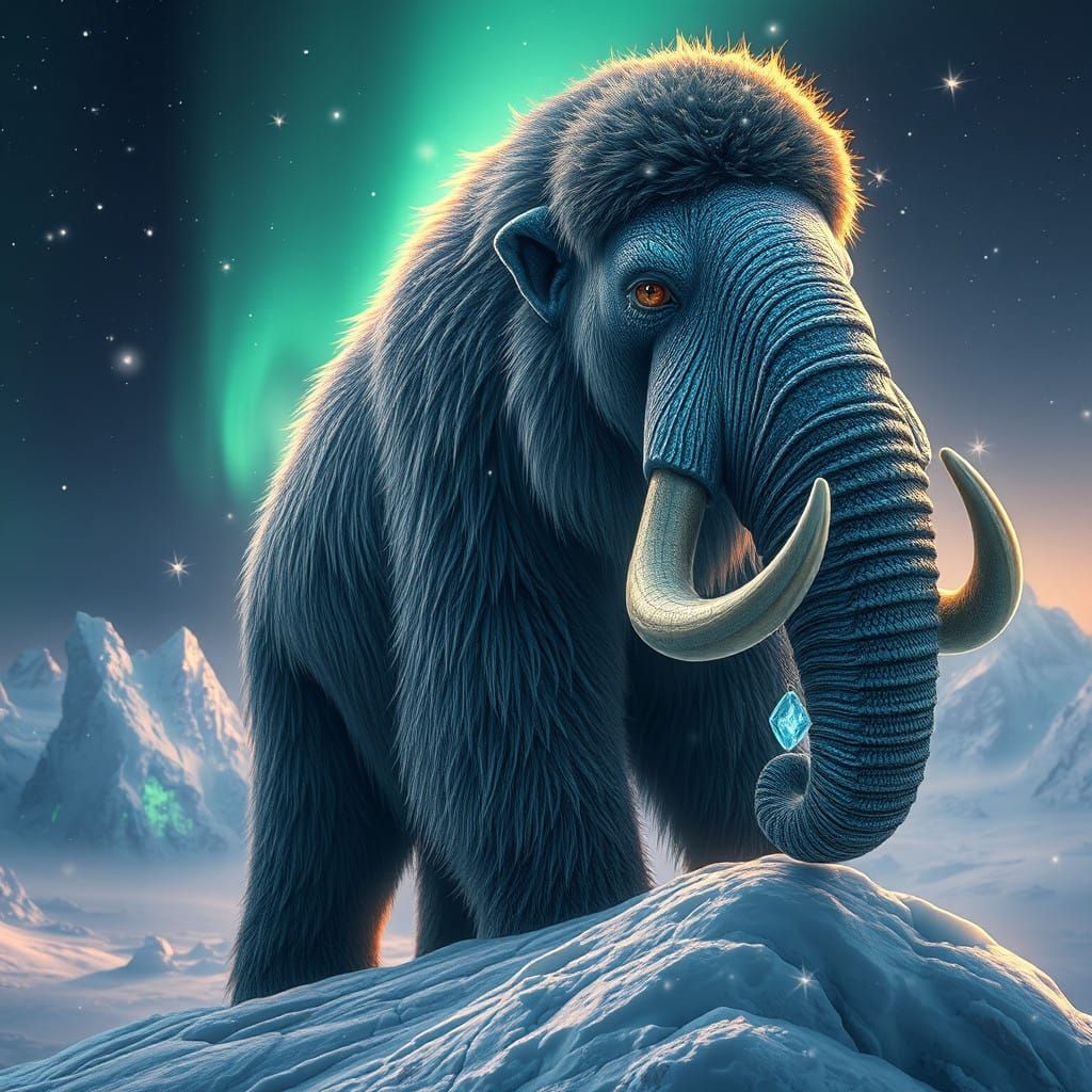 A majestic, hyper-realistic mammoth stands atop a snow-encrusted, icy ...
