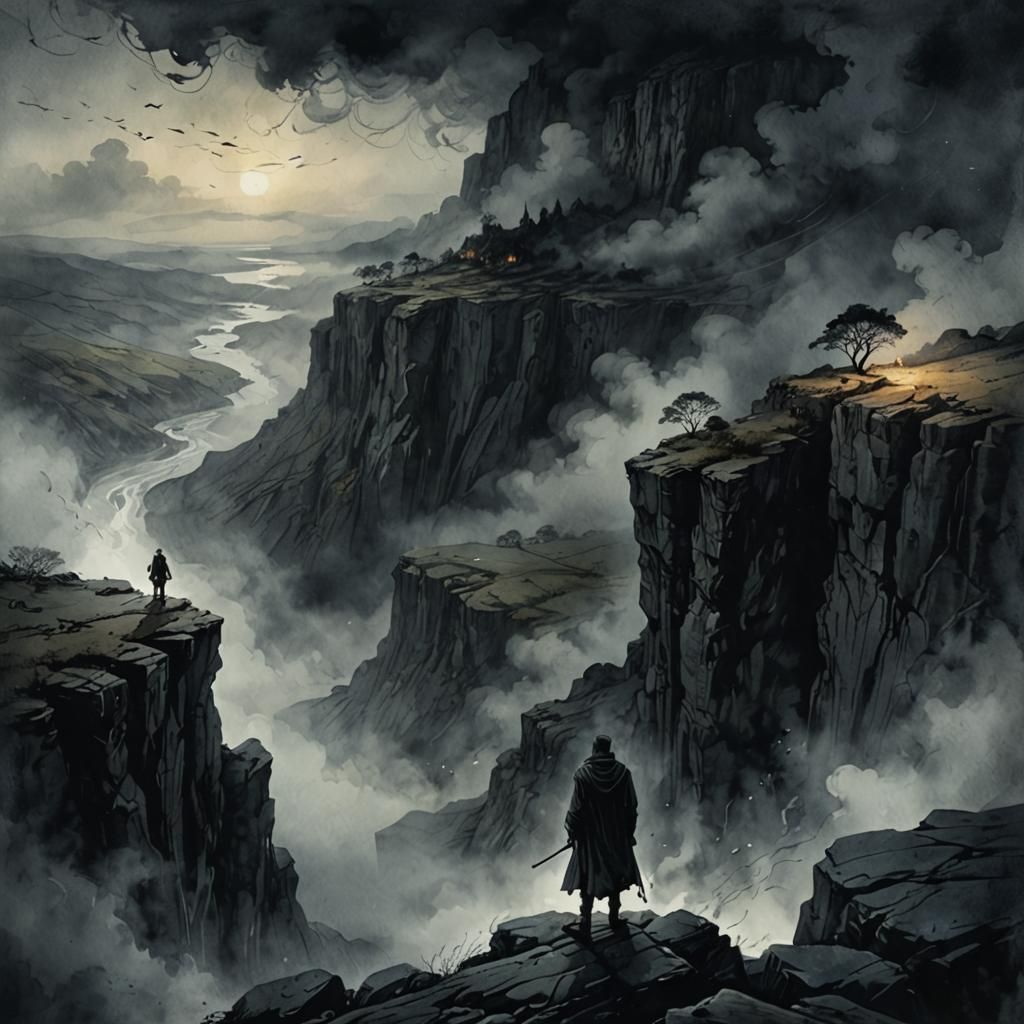 Digital Illustration of {a solitary figure standing on a desolate cliff ...