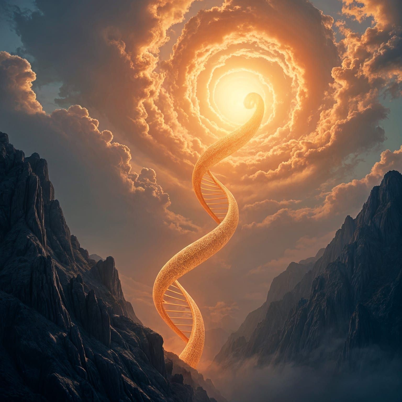 Cinematic image of a giant DNA strand fixed to a grassy plain, as it ...