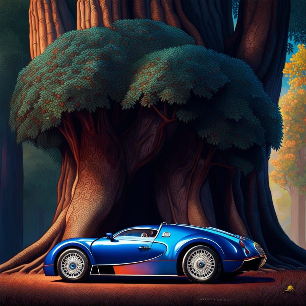 A 1980 Bugatti with under a giant tree - AI Generated Artwork ...