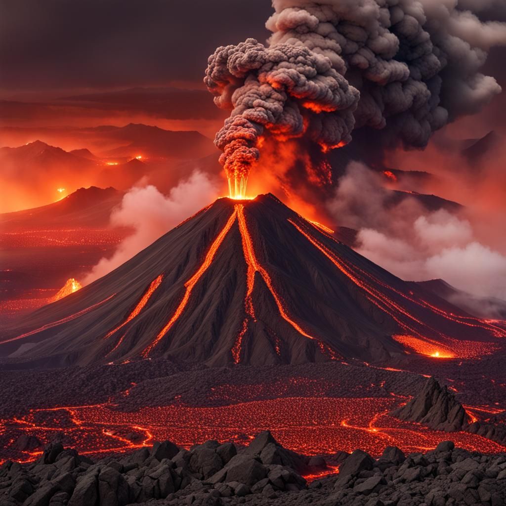 A volcano emits huge masses of lava rock that fly kilometers high. Lava flows towards a little ...