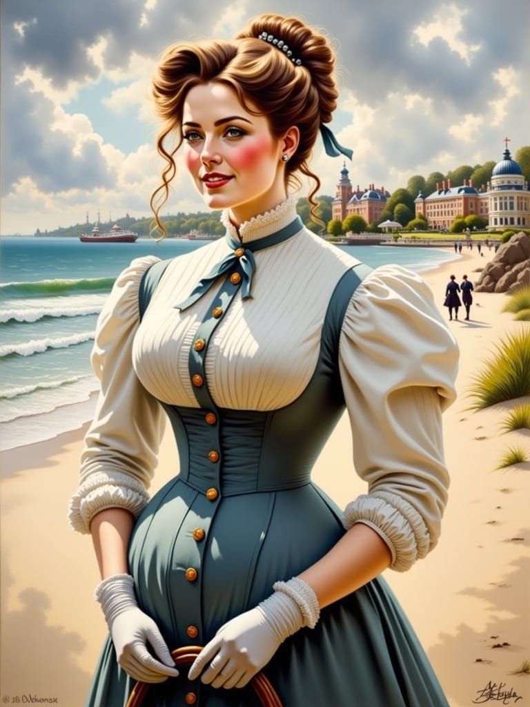 Beach Walk 🌊🌿💚 - A Victorian Lady Strolls on a Serene Bea...