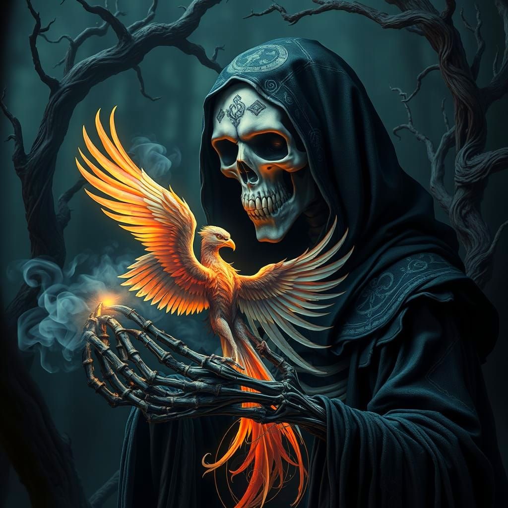 Skeletal Grim Reaper Cradles Ethereal Phoenix in D... - AI Art